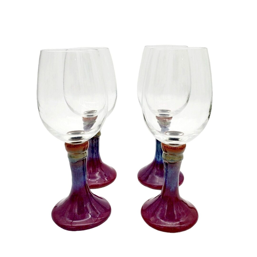 Set of 4 Pottery Stoneware Stem Wine Glass Goblets Purple and Blue Drip ...