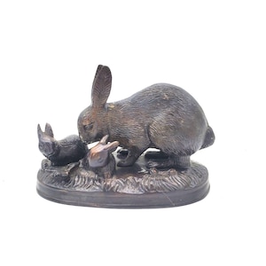 Vintage Bronze Rabbit and Babies Statue, Bunny French Country Detailed ...