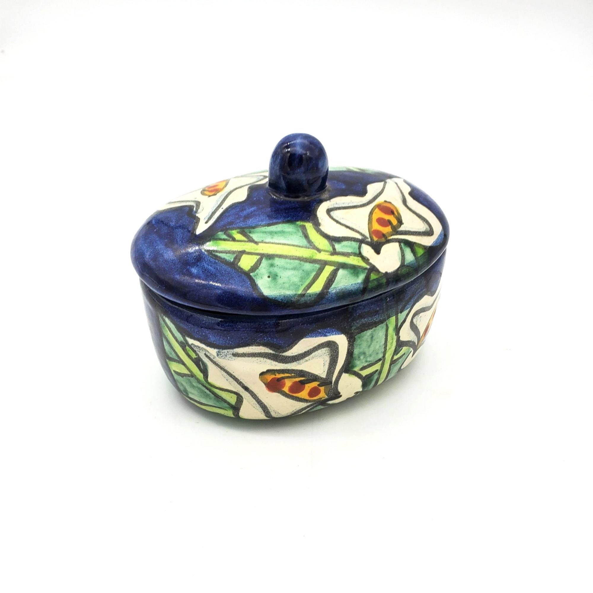 Talavera Mexican Calla Lily Small Oval Dish 5" Blue Lid Trinket Salsa ...
