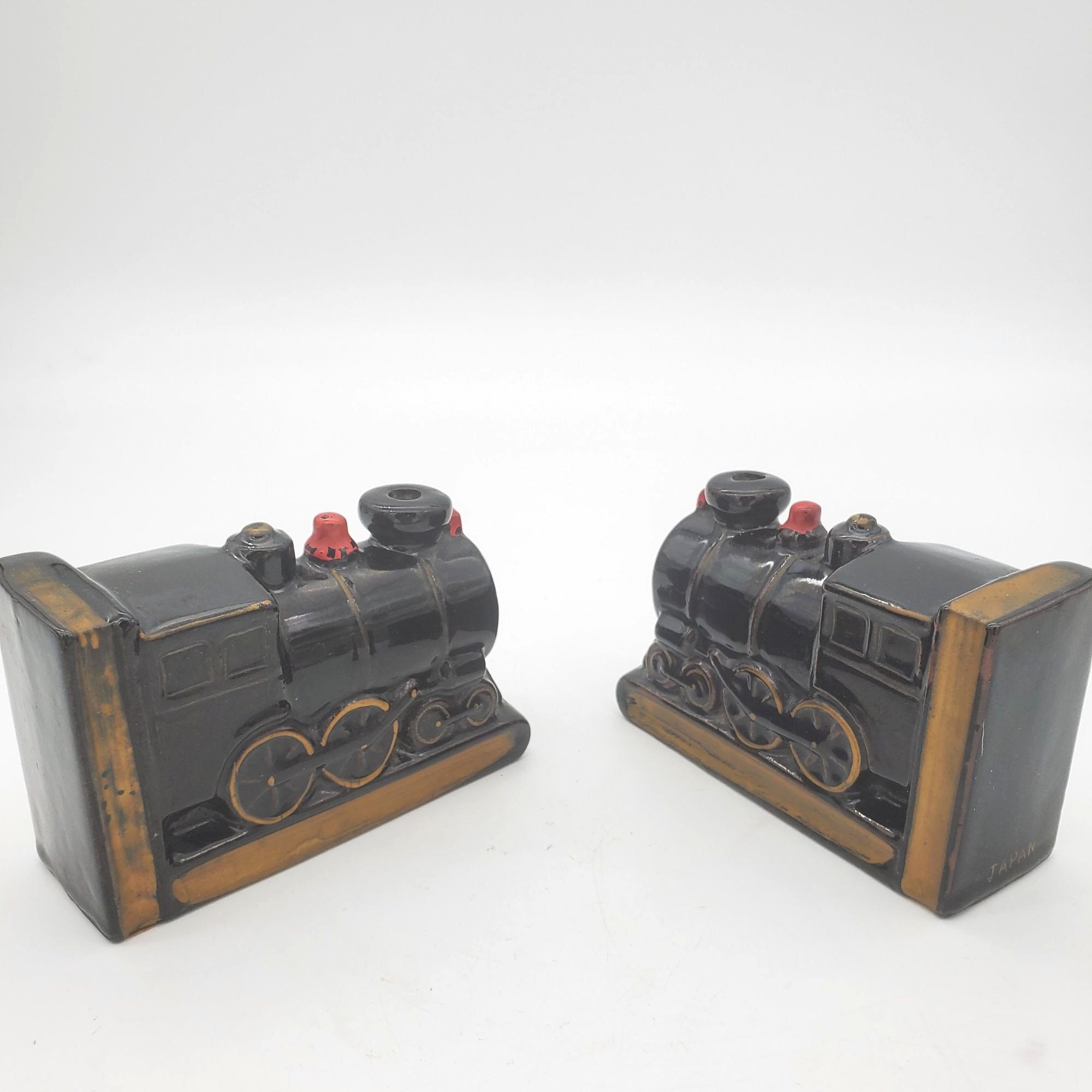 Train Locomotive Bookends Set Redware Japan Hand Decorated VTG - Etsy