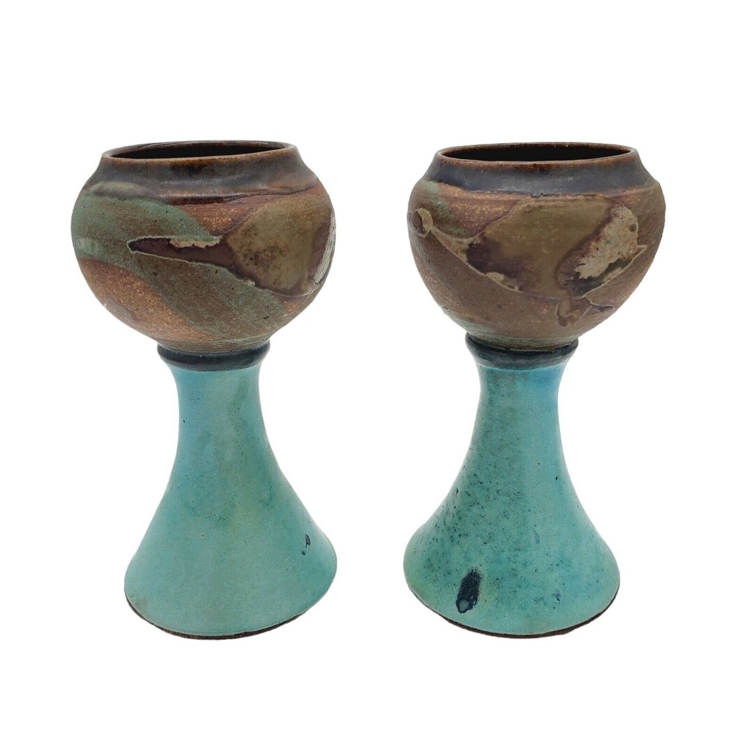 Anders Hill Pottery Set 2x MCM Stoneware Pottery Wine Glasses VTG Aqua ...