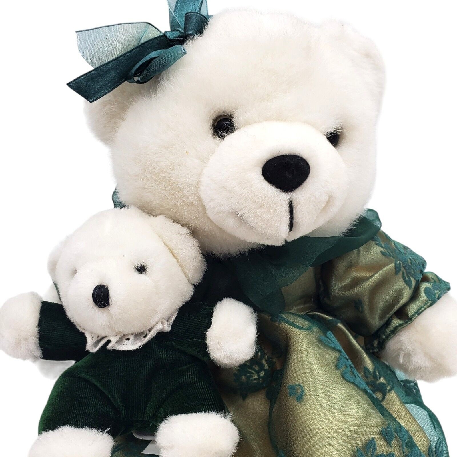 MTY International Vintage White Teddy Bear - Mama & Baby Plush in Green ...