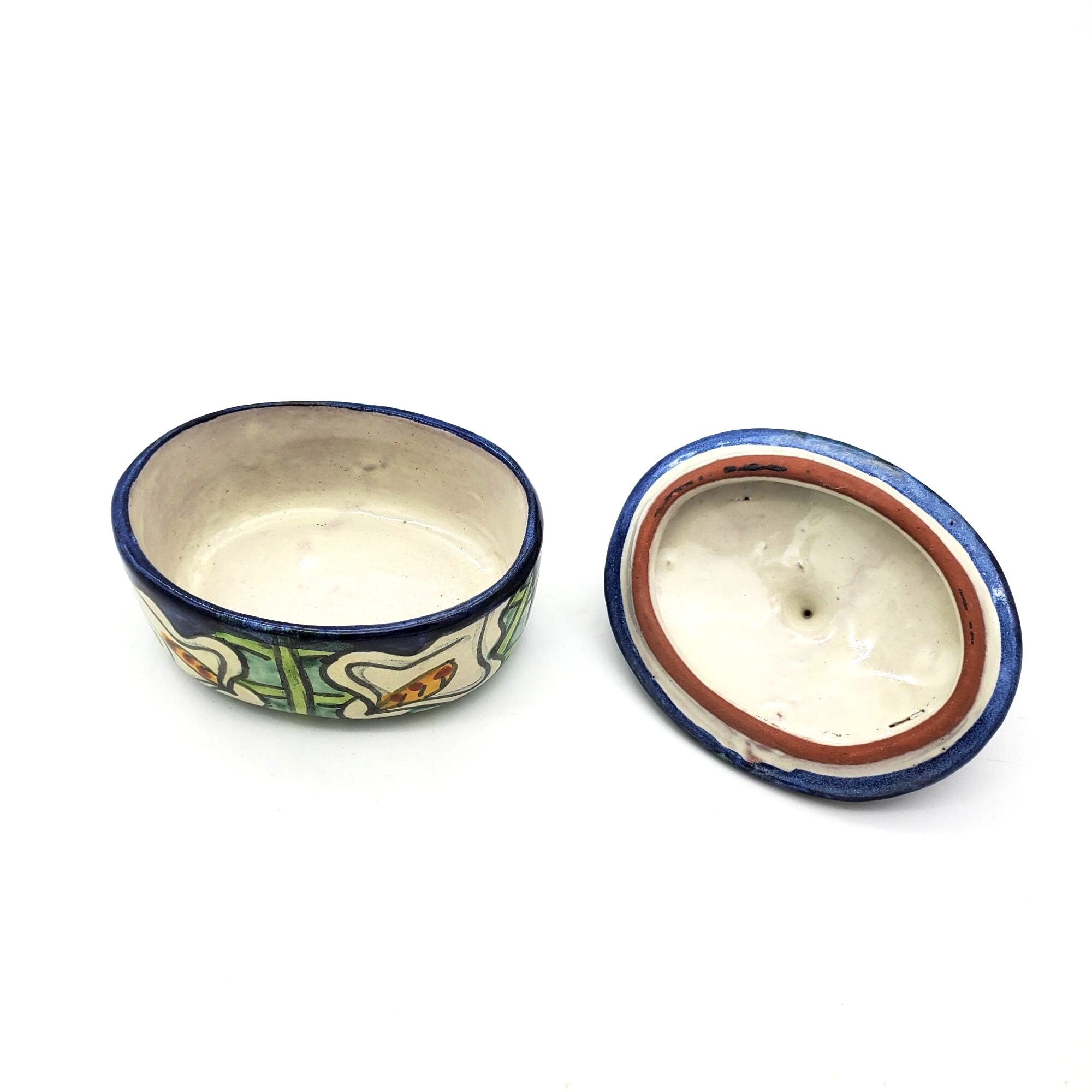 Talavera Mexican Calla Lily Small Oval Dish 5" Blue Lid Trinket Salsa ...