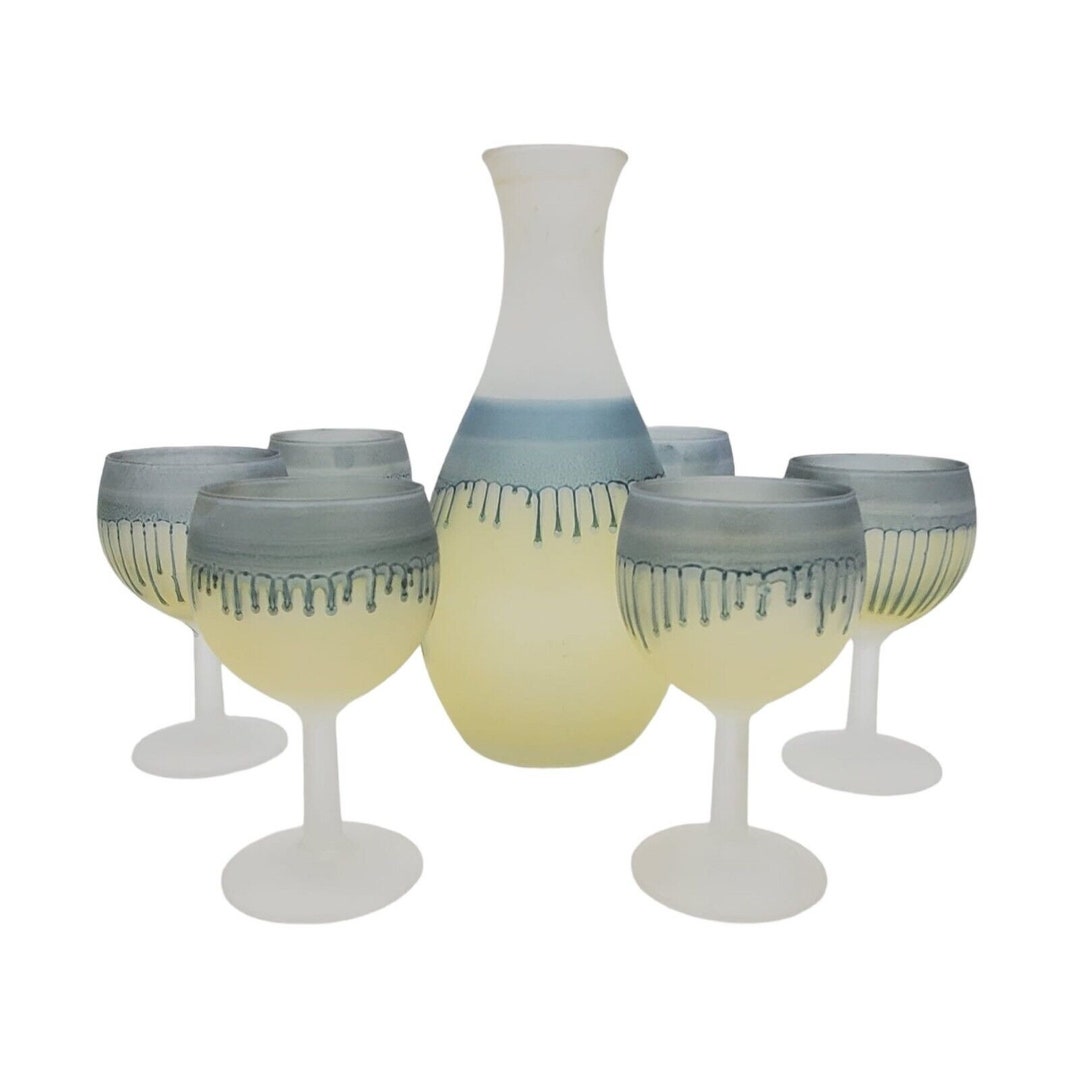 Mid Century Modern French Drip Glass Carafe Decanter & 6x Small Wine ...