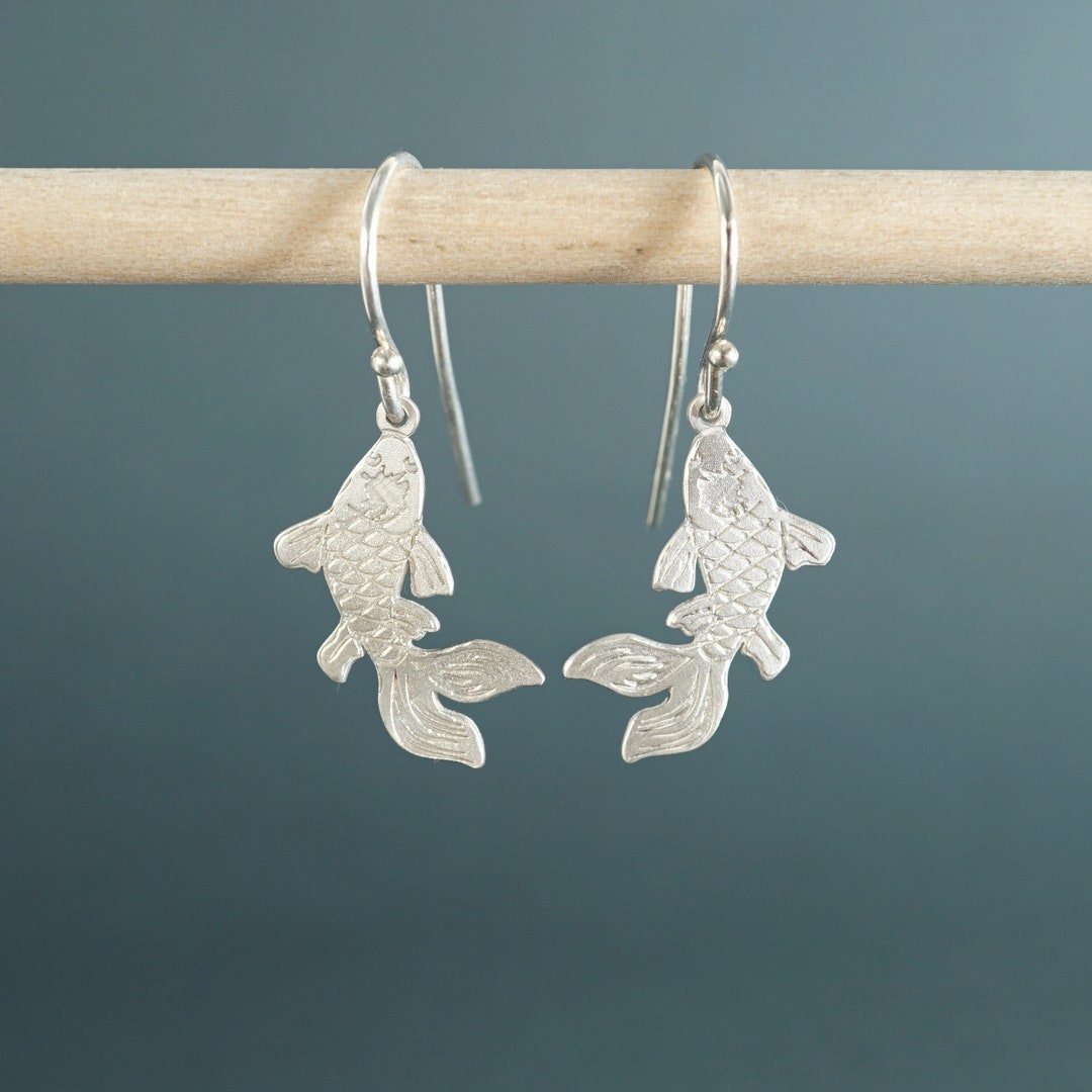 Silver Engraved Koi Fish Dangle Earrings, Koi Fish Earrings, Fish ...