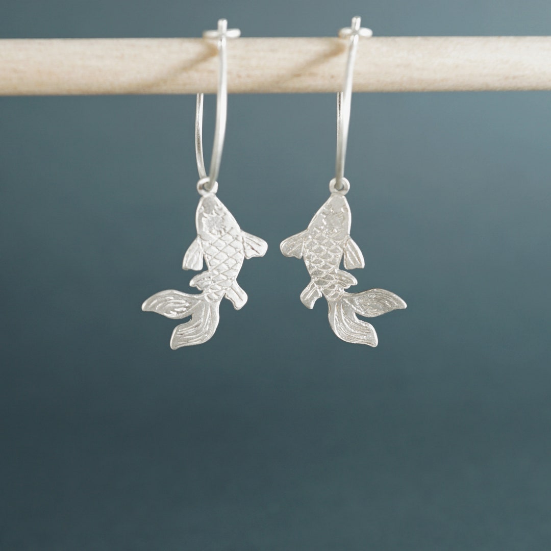 Silver Engraved Koi Fish Hoop Earrings, Koi Fish Earrings, Fish ...