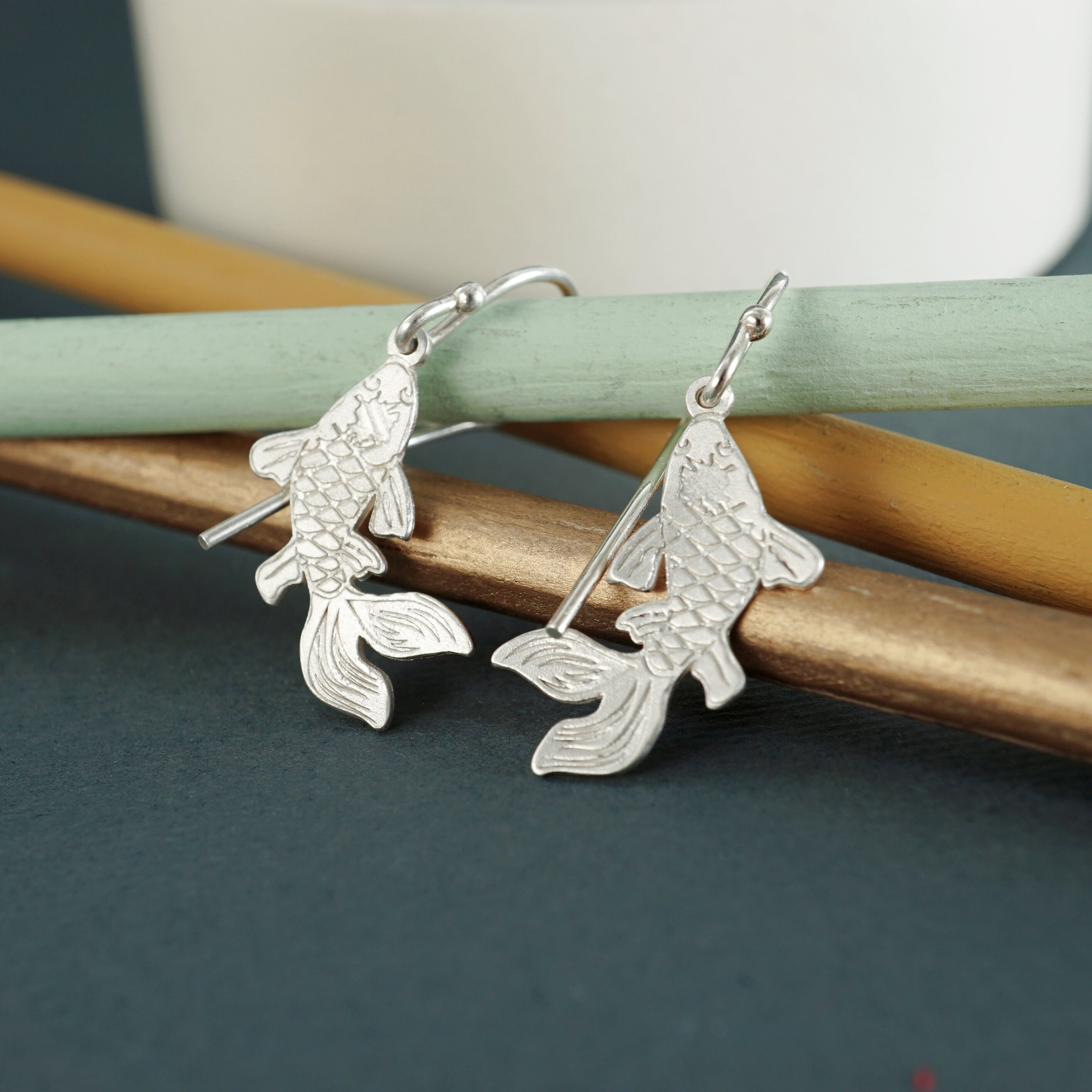 Silver Engraved Koi Fish Dangle Earrings, Koi Fish Earrings, Fish ...