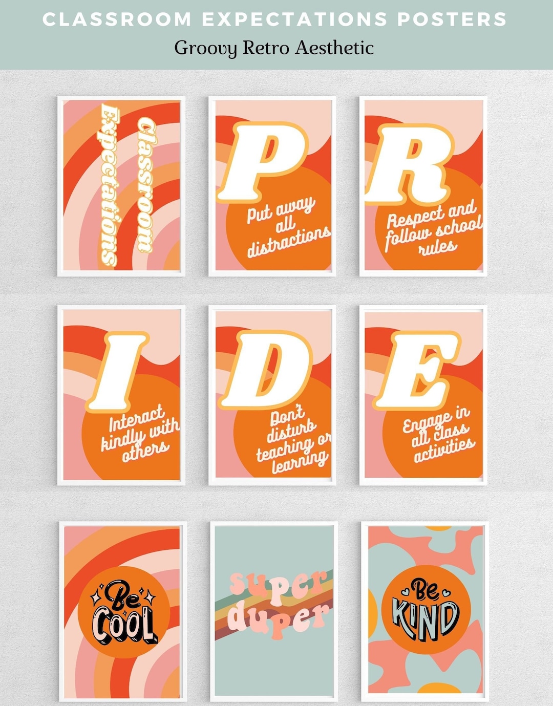 Editable Groovy Retro Aesthetic Classroom Poster Set of 12 INSTANT ...