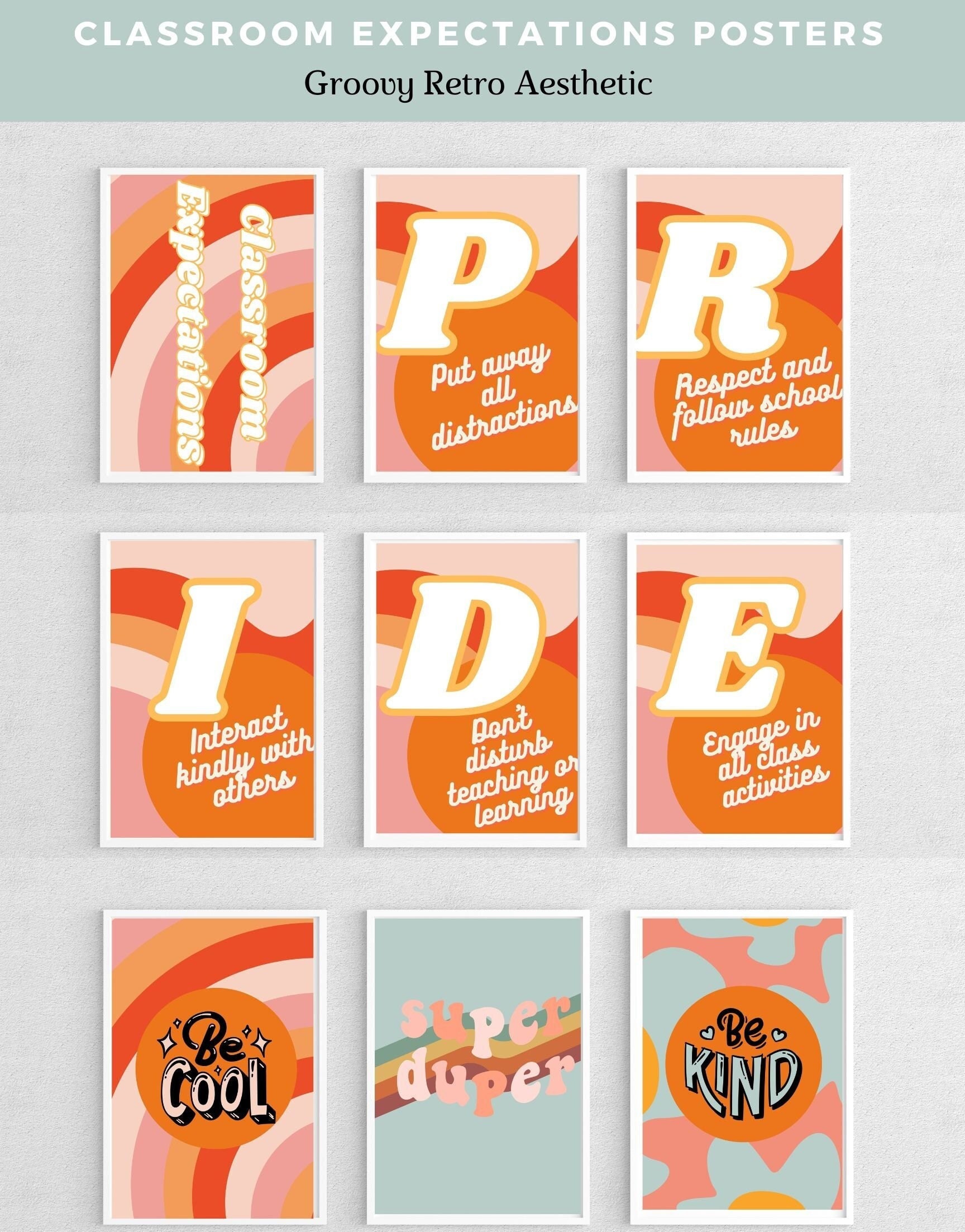 Editable Groovy Retro Aesthetic Classroom Poster Set of 12 INSTANT ...
