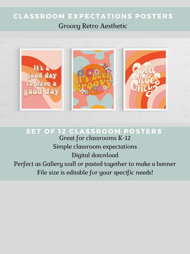 Editable Groovy Retro Aesthetic Classroom Poster Set of 12 INSTANT ...