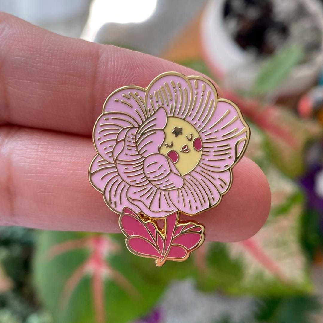 Kawaii Rose Enamel Pin – Pink Cute Flower Face Pin – Whimsical Floral ...