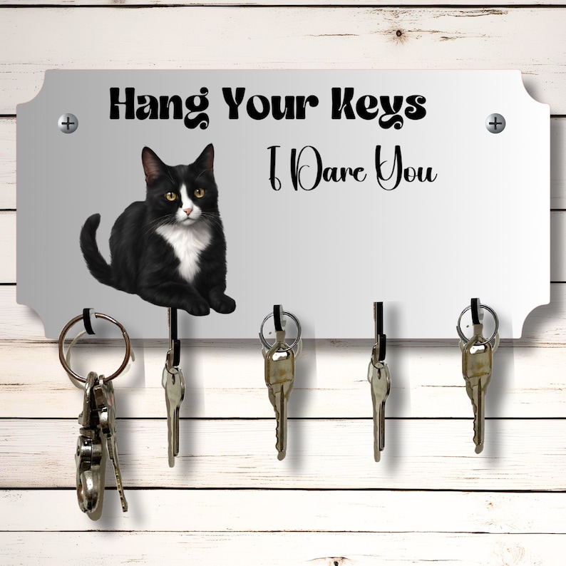 Black and White Cat Themed Key Wall Rack Holder Organizer 10x5 ...