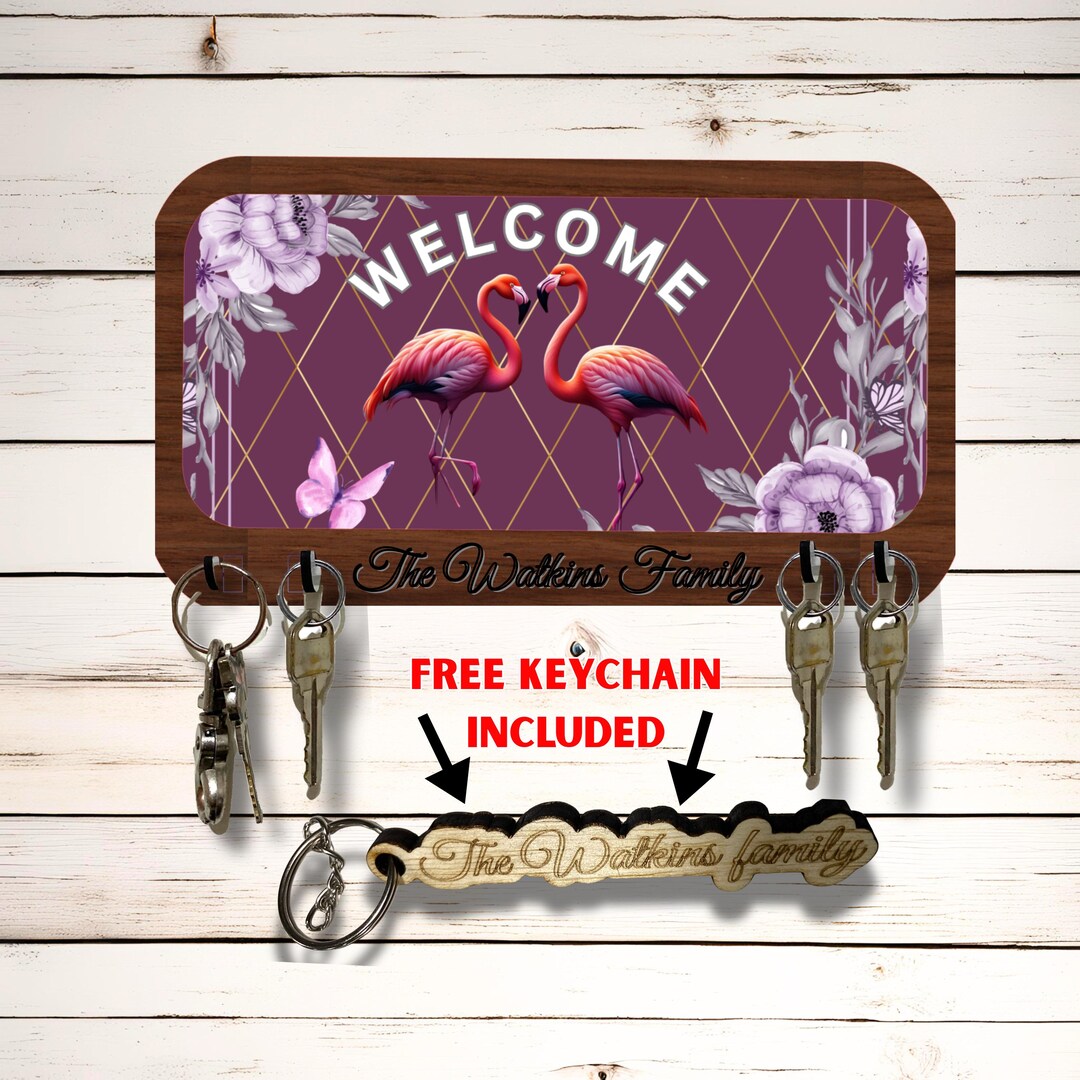 Purple Flamingo Welcome Key Wall Rack Holder Organizer 10"x5 ...