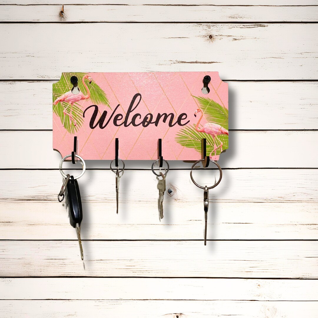 Flamingo Welcome Key Wall Rack Holder Organizer 8x4 Sublimated MDF Wood ...