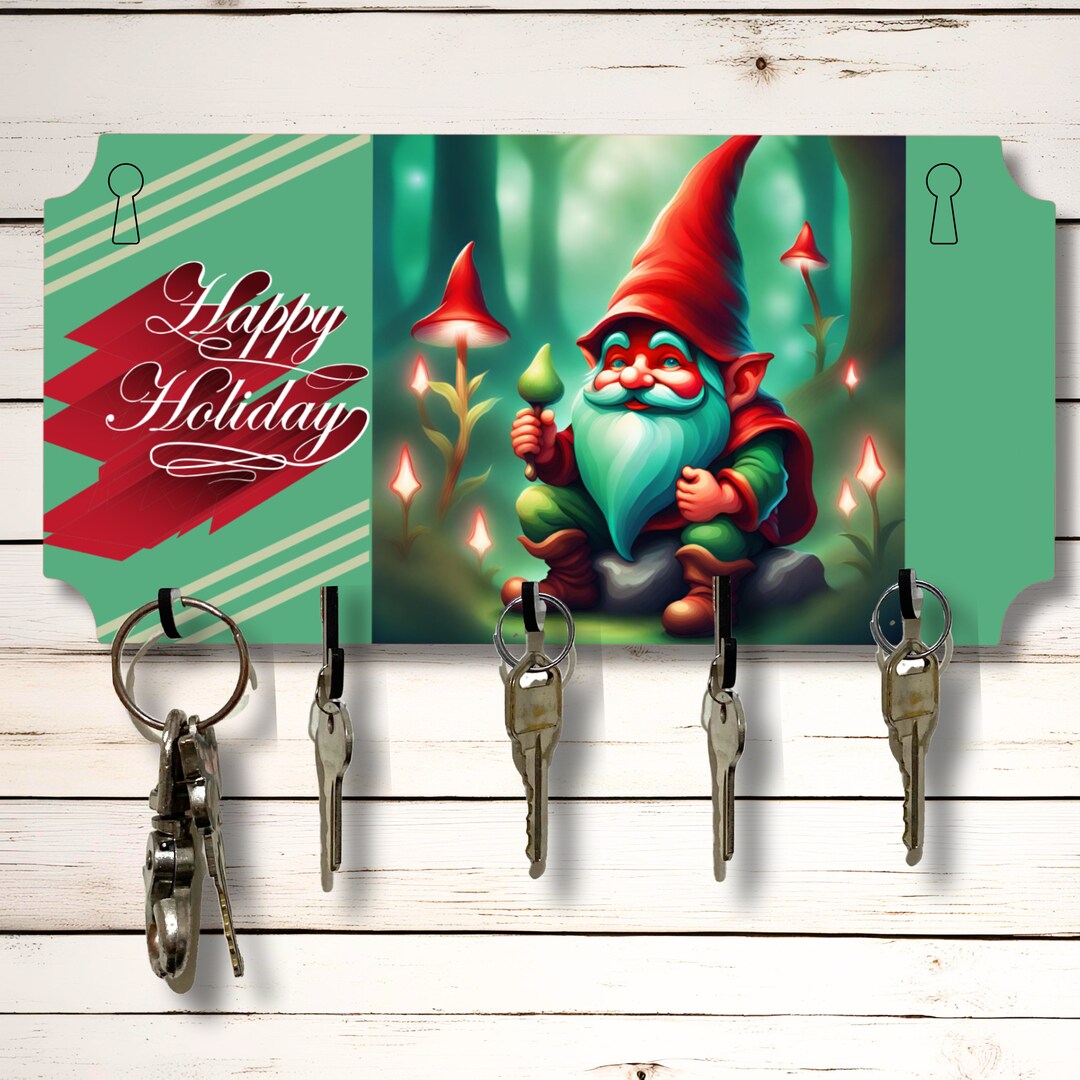 Happy Holiday Gnome Key Wall Rack Holder Organizer 10x5 Sublimated MDF ...