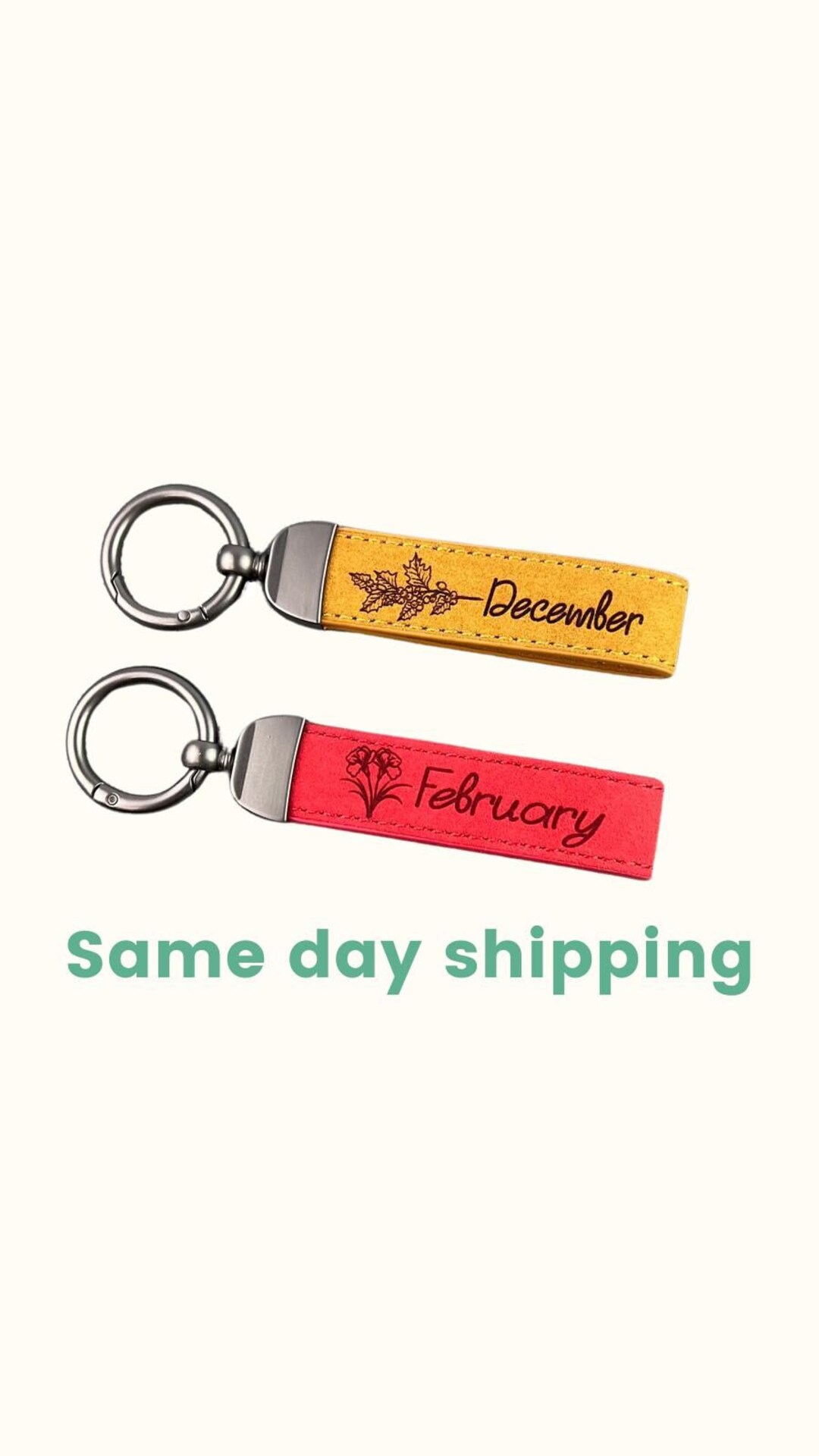 Personalized Birth Flower Leather Keychain: Engraved Name, Birthday ...