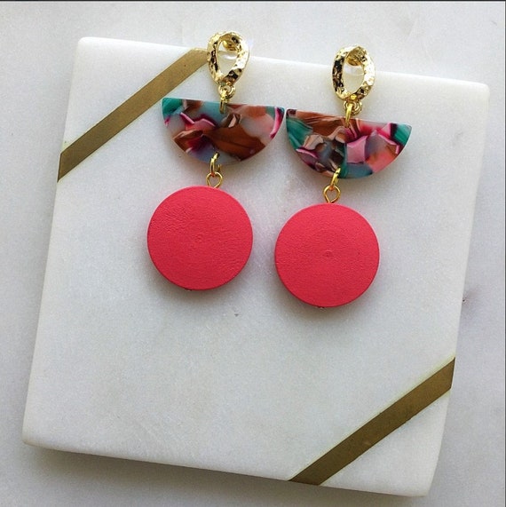 Pink Green Half Moon Resin Acetate Pink Wood Stud Fashion - Etsy