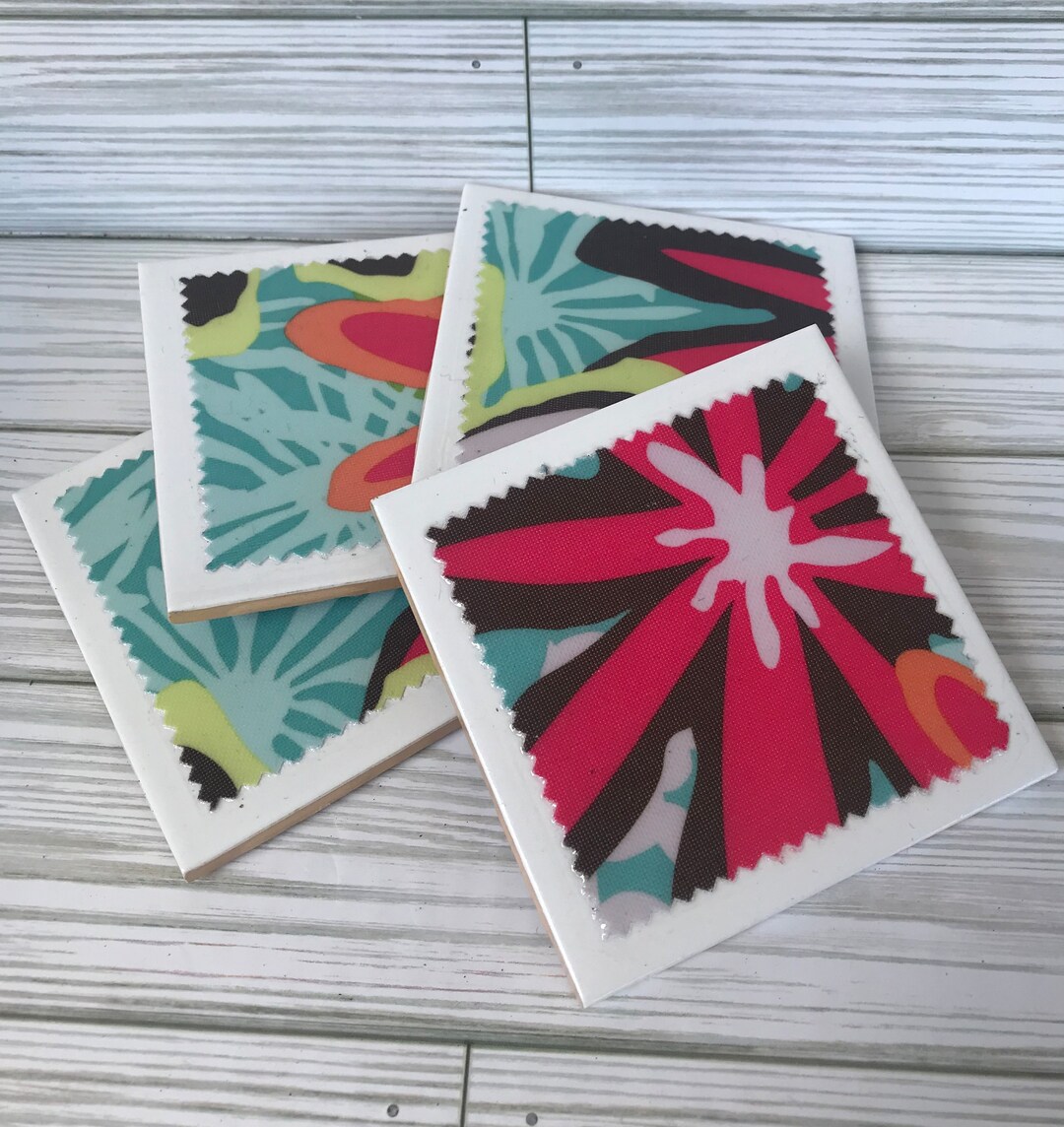 Fun Tropical Flower Ceramic Coasters Stylized Floral Design Handmade ...