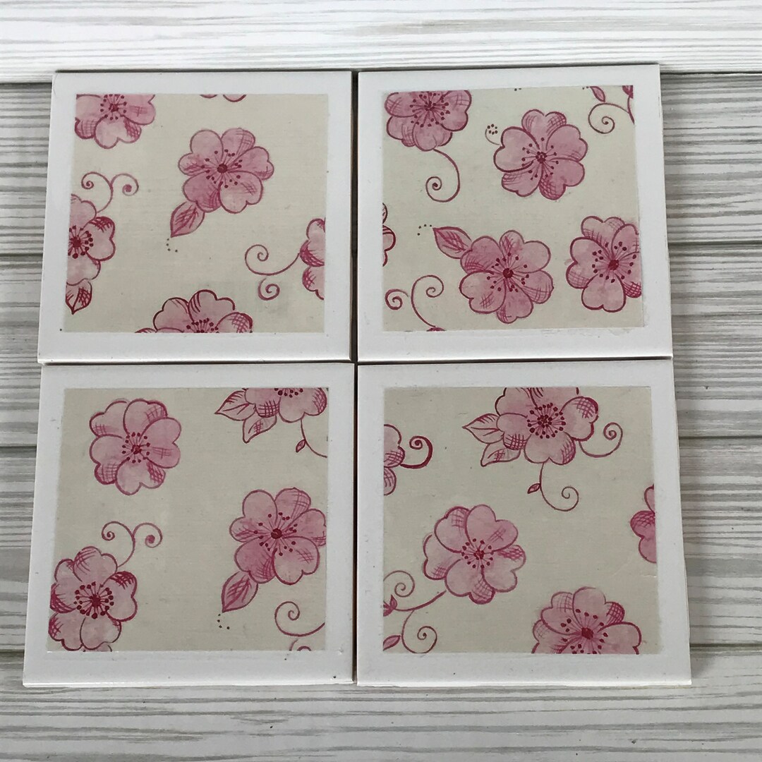 Cherry Blossom Ceramic Tile Coasters Handmade Floral Square Ceramic ...