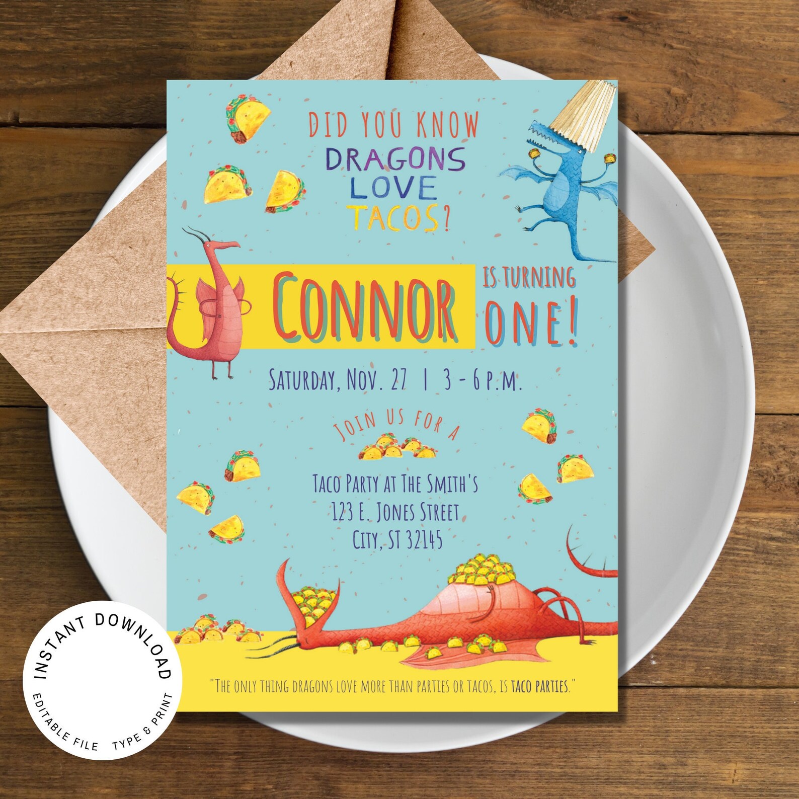 Dragons Love Tacos Birthday Invitation Instant Download Editable ...