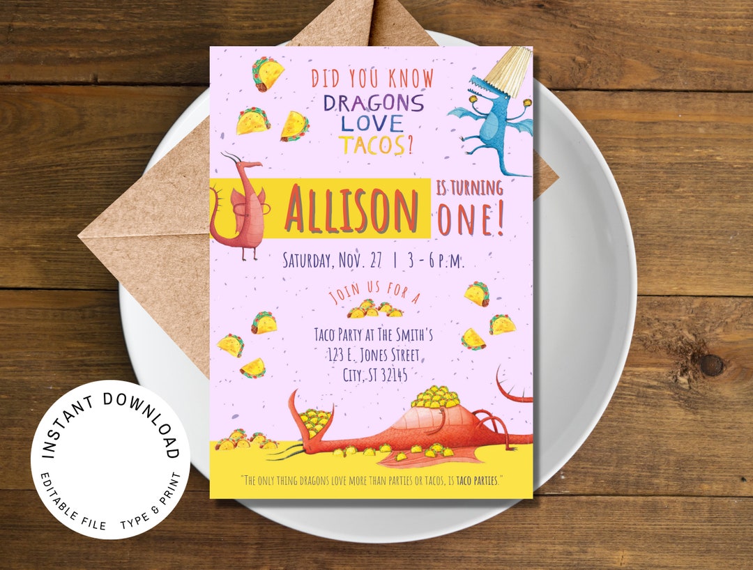 Dragons Love Tacos Birthday Invitation Instant Download Editable ...