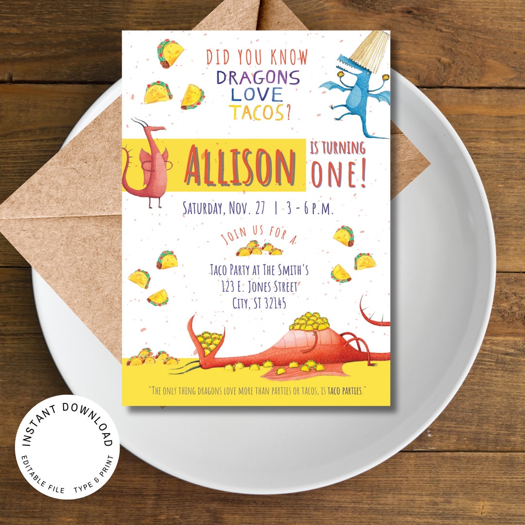 Dragons Love Tacos Birthday Invitation Instant Download Editable ...