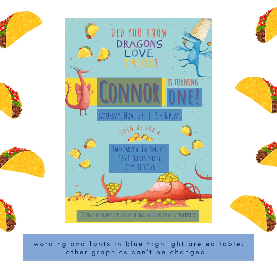 Dragons Love Tacos Birthday Invitation Instant Download Editable ...