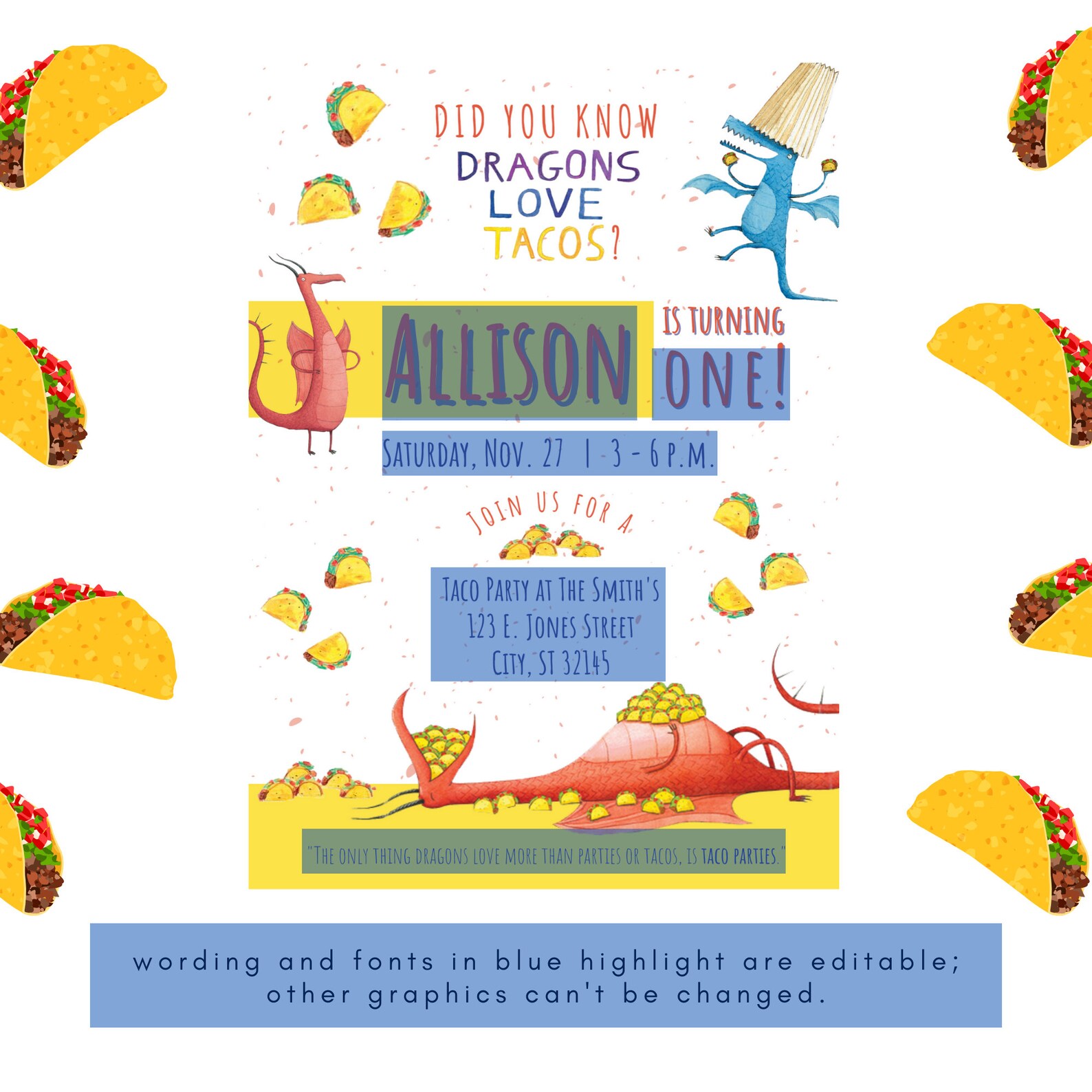 Dragons Love Tacos Birthday Invitation Instant Download Editable ...