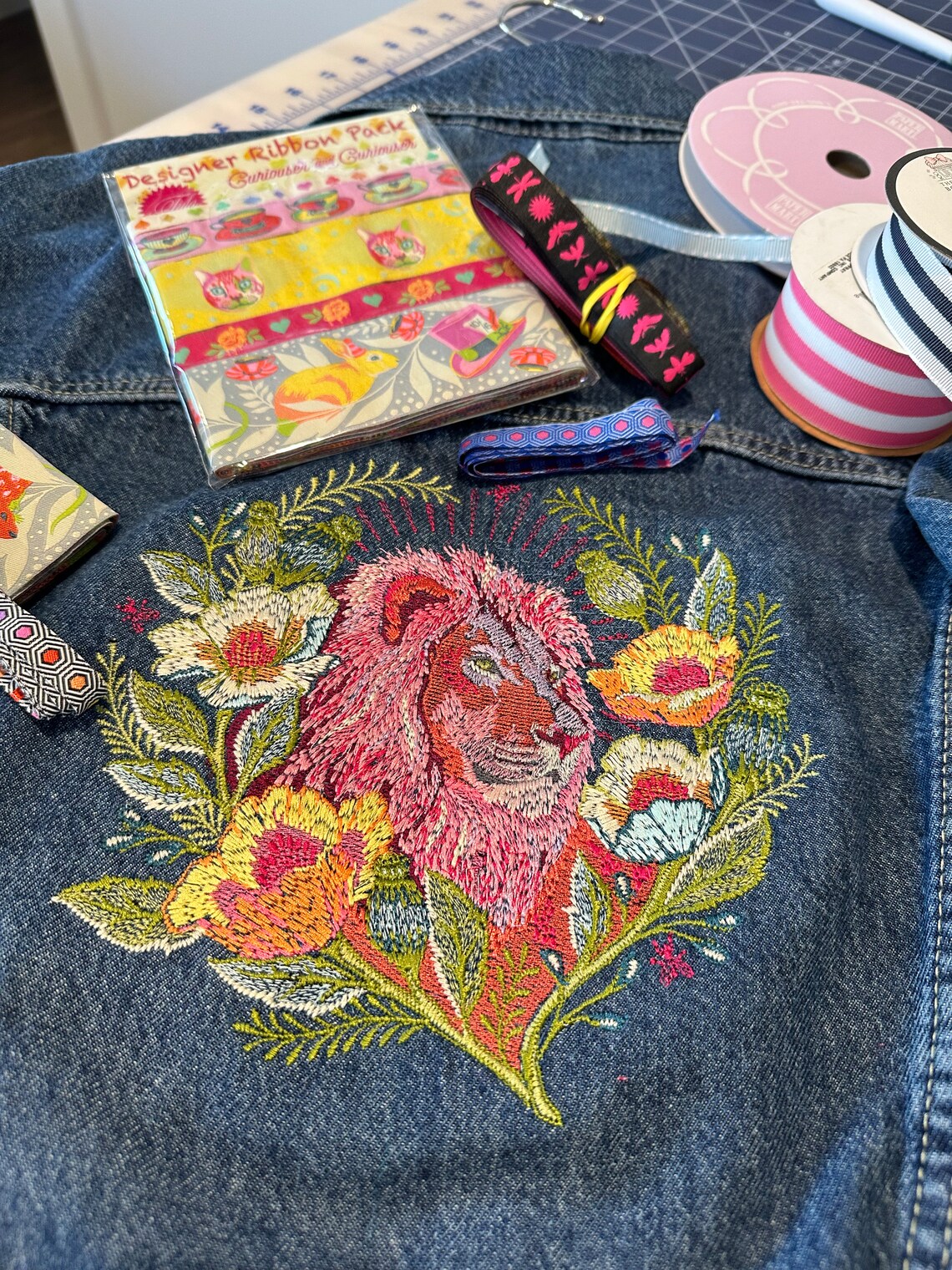 Floral Lion Embroidered Jean Jacket, Tula Pink Designs - Etsy