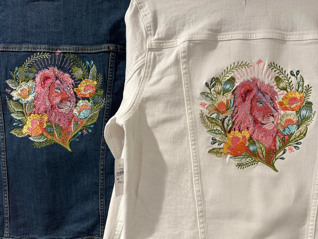 Floral Lion Embroidered Jean Jacket, Tula Pink Designs - Etsy