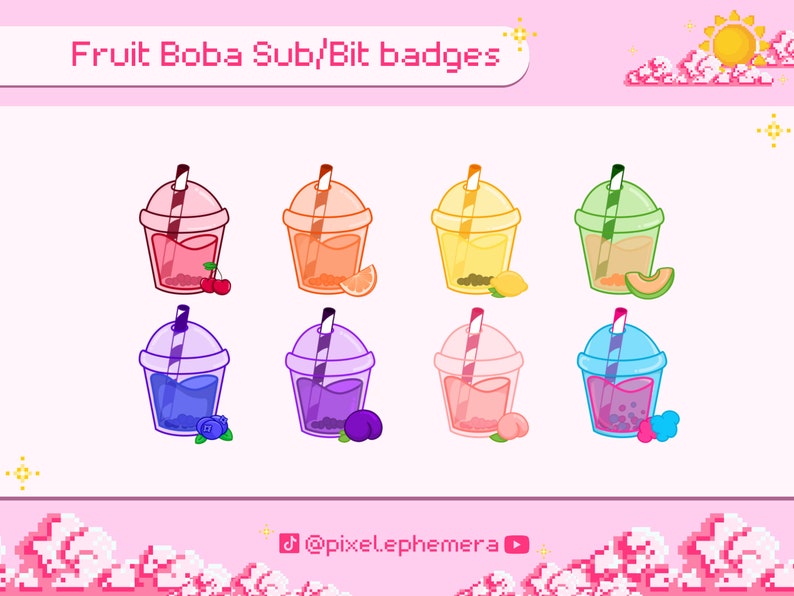 Fruity Boba Sub Badges - Premade P2U Streaming Assets - Kawaii Food and ...