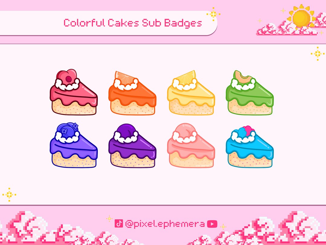 Eight Colorful Cakes Sub/bit Badge Set - Cute Fruity Cake Pie Sub ...