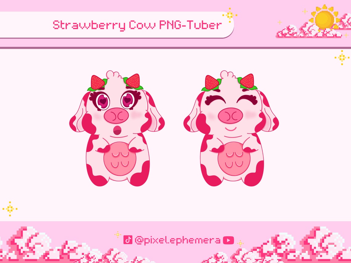 Pink Strawberry Cow Png-tuber - Streaming V-tuber - Twitch Youtube Kick ...