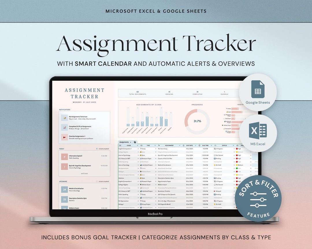 Assignment Tracker Spreadsheet Student Planner Google Sheets Excel ...