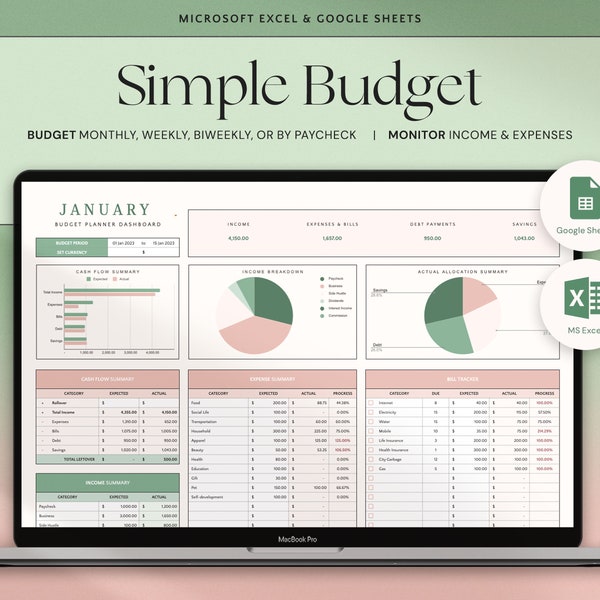 Planificateur de budget feuille de calcul mensuelle google sheets ...