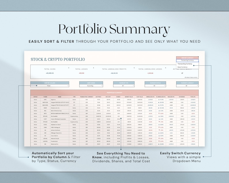 Investment Tracker Stock Portfolio Spreadsheet Google Sheets - Etsy