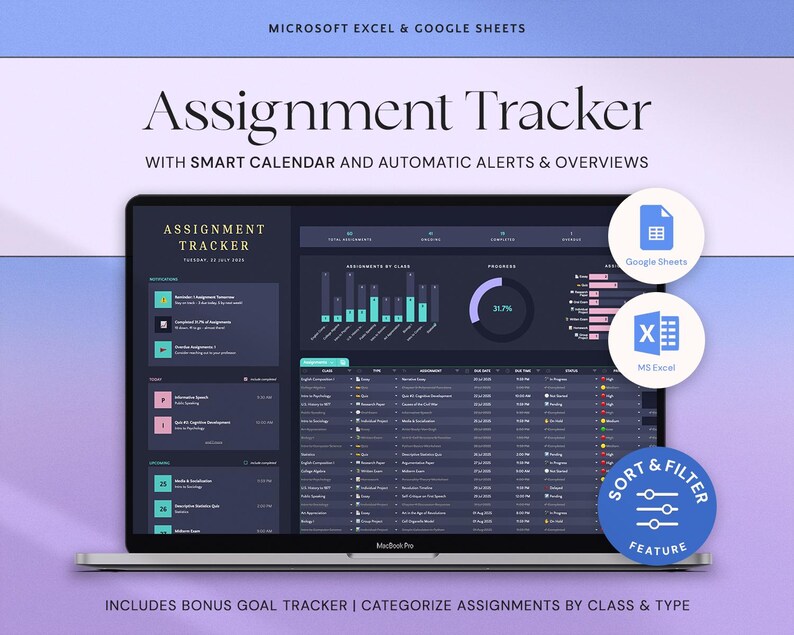 Assignment Tracker Academic Student Planner Google Sheets Excel ...