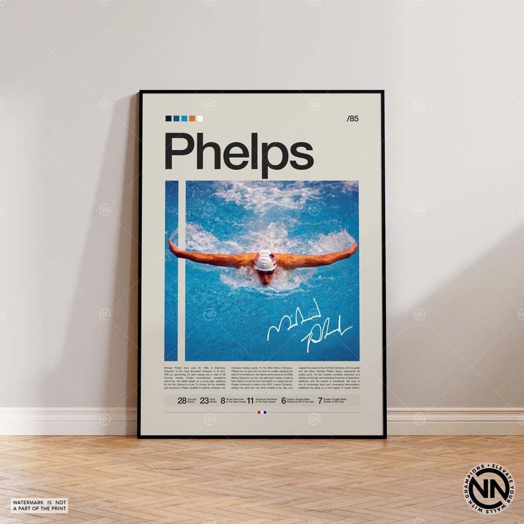 Michael Phelps Poster, Sports Poster, Mid-century Modern, Motivational ...