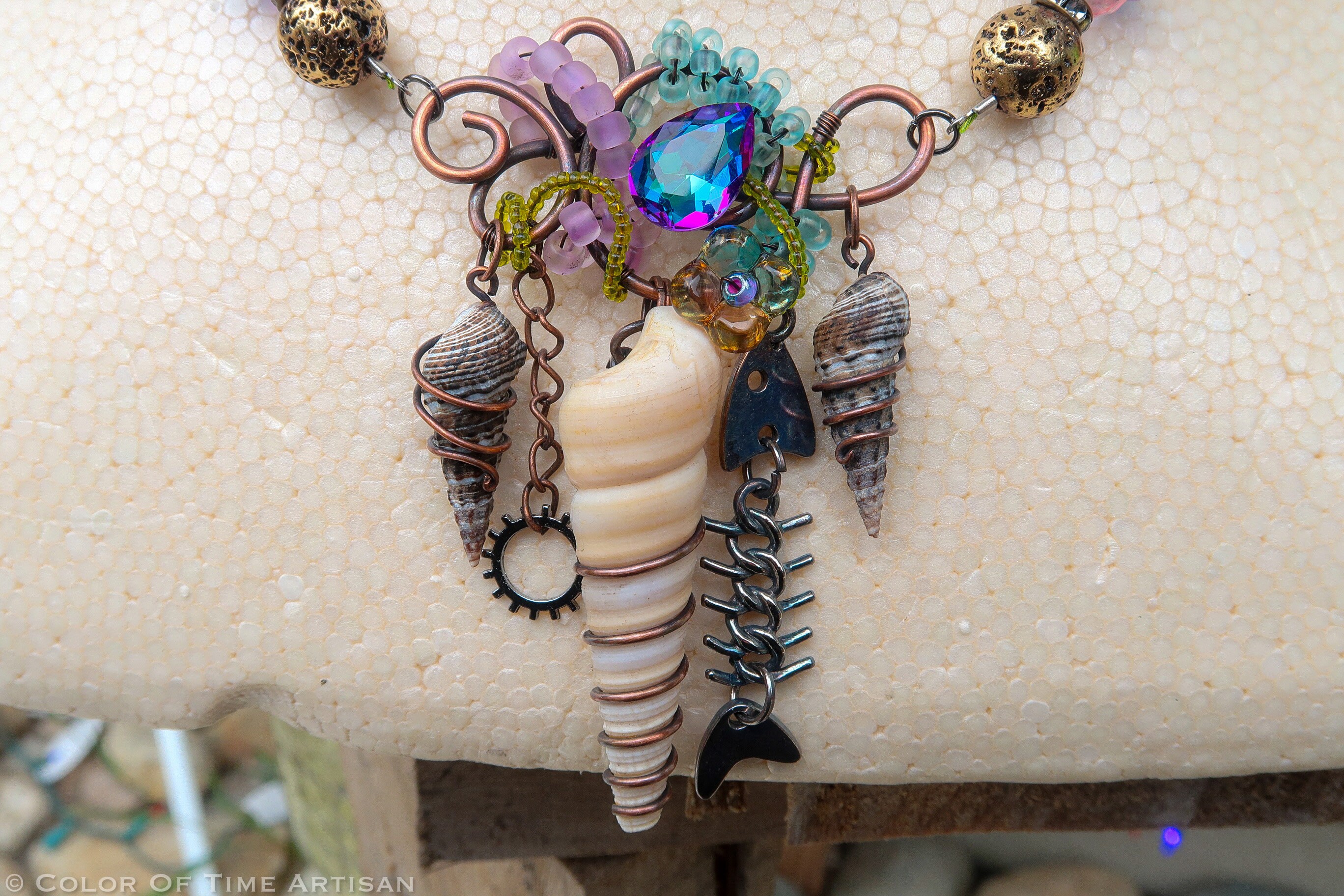Sunken Treasures Spiral Seashell Fish Bones Mingled With Glass Necklace ...
