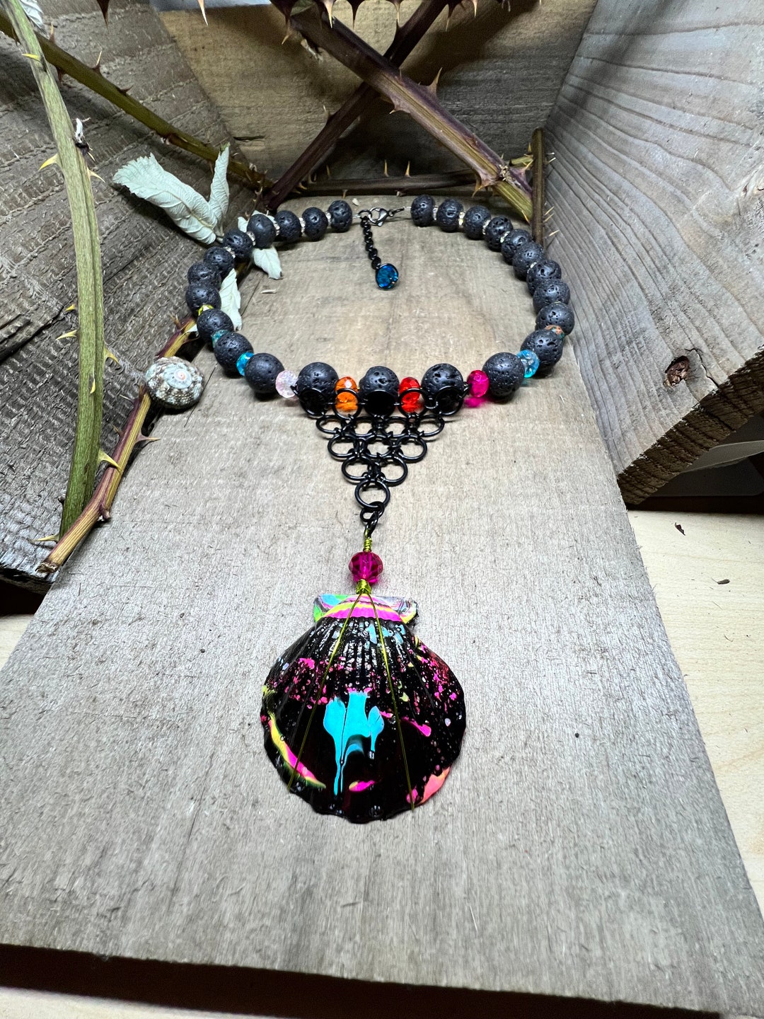 Black Japanese Chainmail Paint Drip Seashell Lava Stone - Etsy