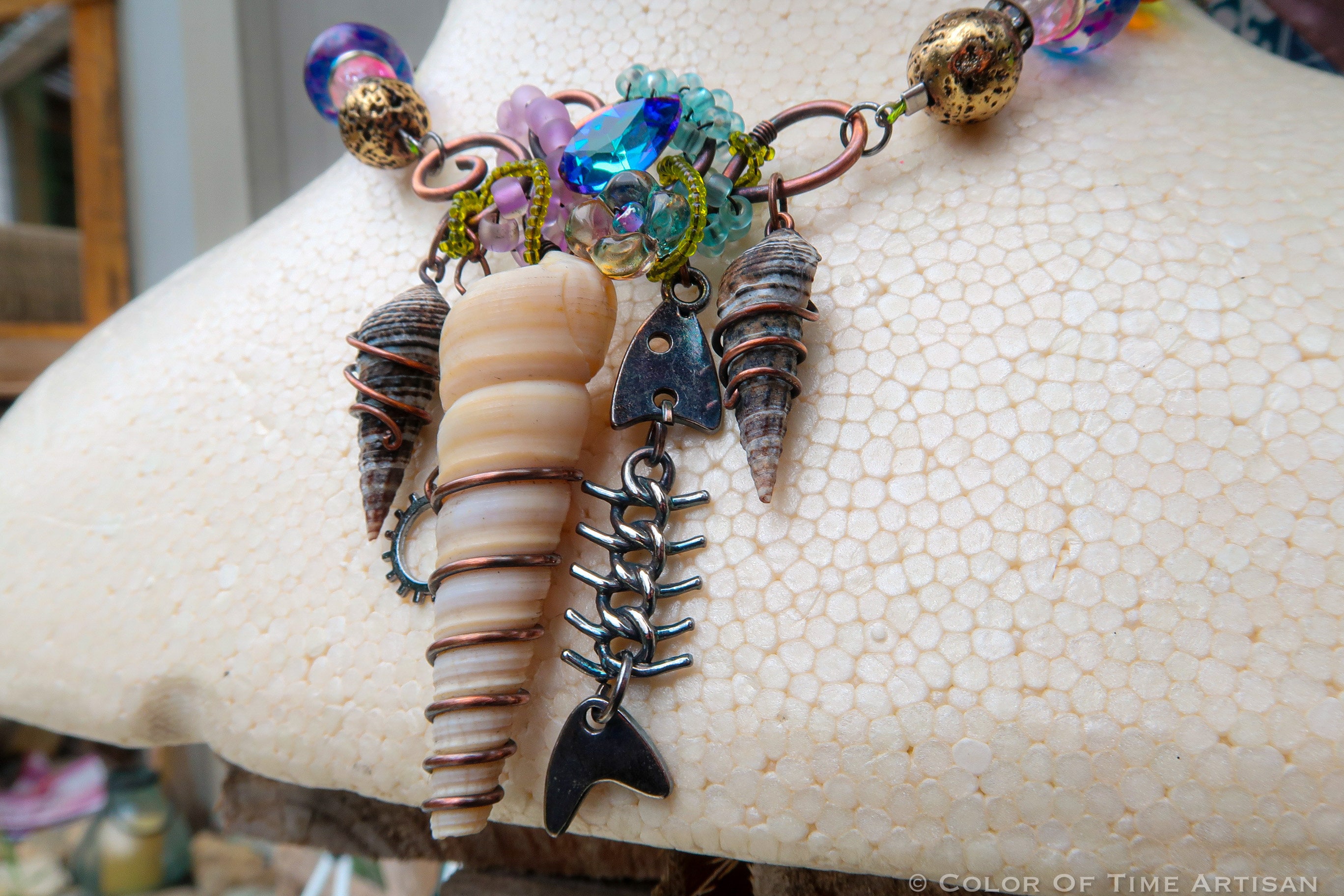 Sunken Treasures Spiral Seashell Fish Bones Mingled With Glass Necklace ...