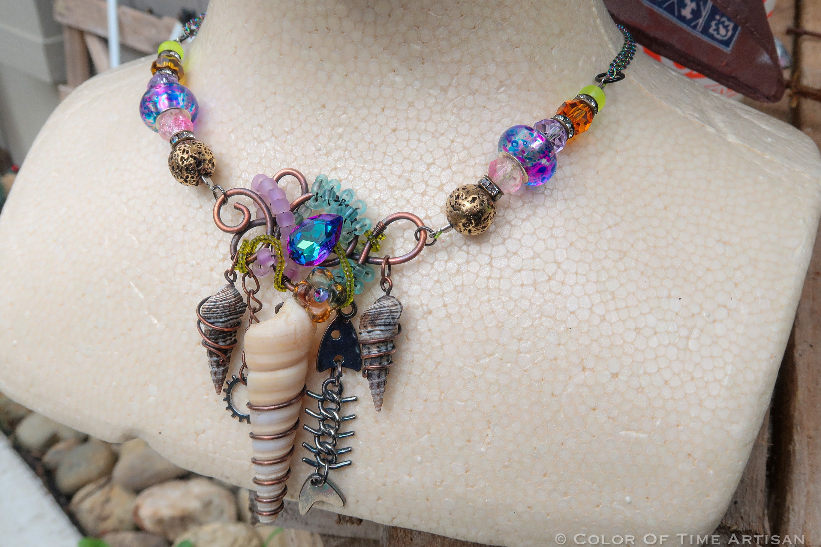 Sunken Treasures Spiral Seashell Fish Bones Mingled With Glass Necklace ...
