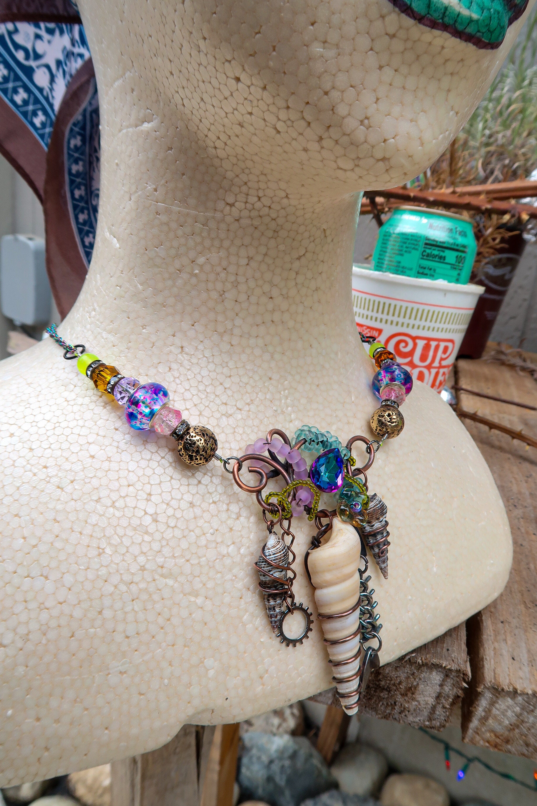 Sunken Treasures Spiral Seashell Fish Bones Mingled With Glass Necklace ...