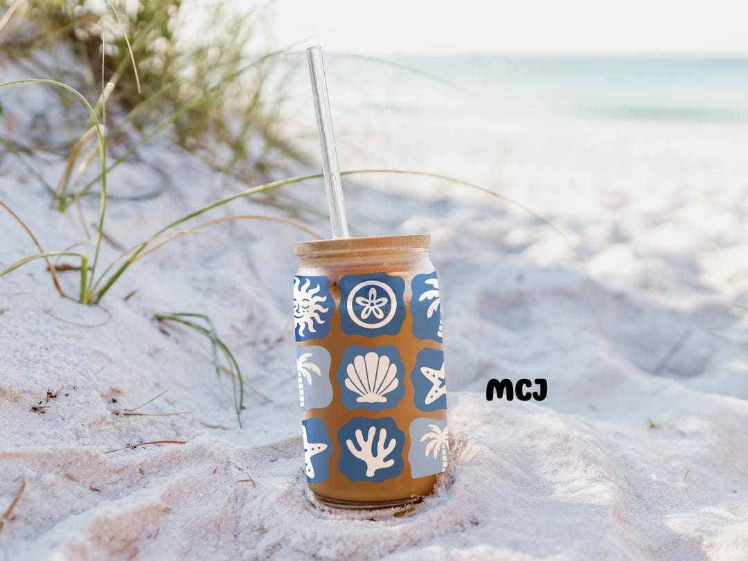 Summer Glass Can, Coastal Aesthetic Glass Sipper Cup, Blue Seashell ...