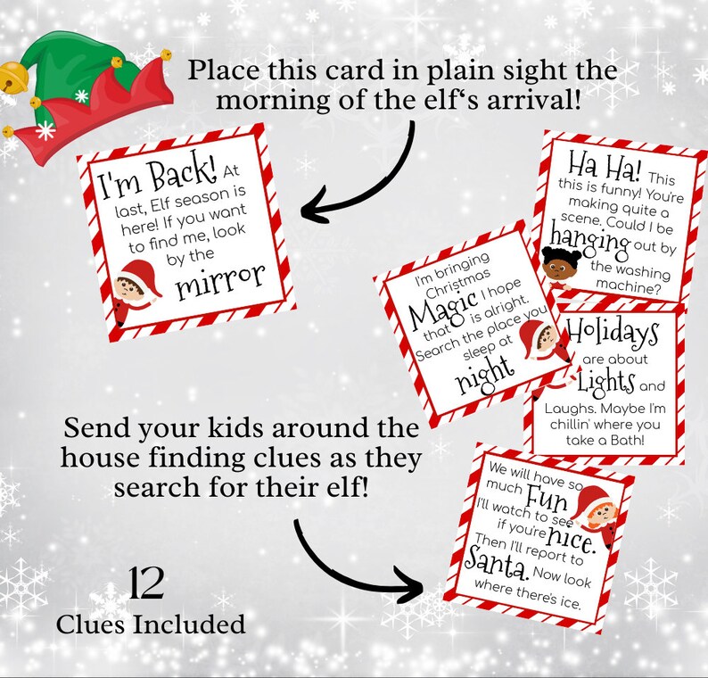 Elf Arrival Day Game, Elf Clue Cards, Elf Arrival Scavenger Hunt, Elf ...