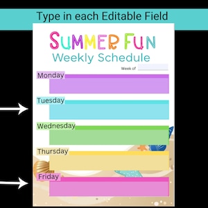 Editable Summer Weekly Daily Schedule for Kids, Printable Summer Kids ...