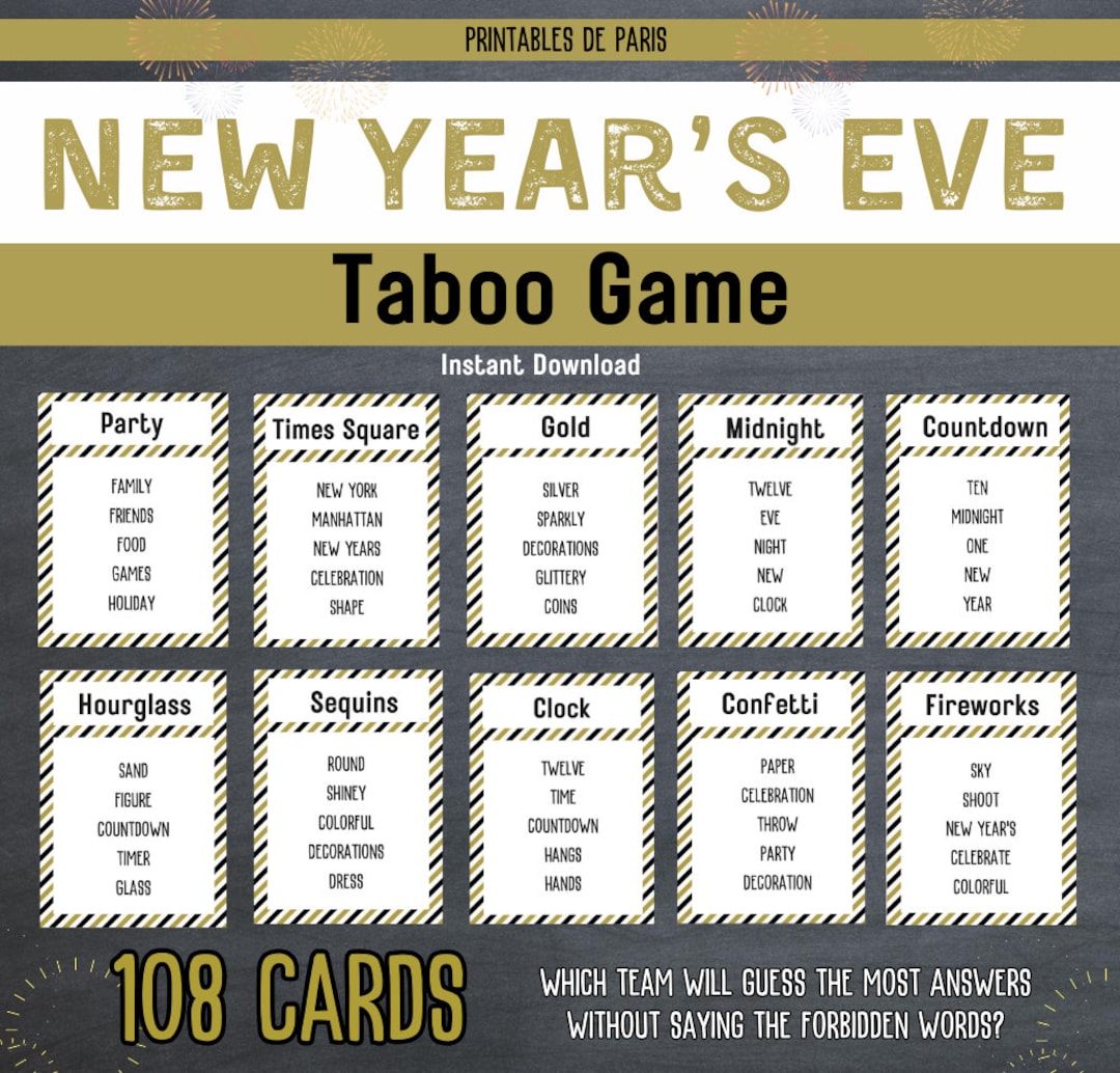 New Year's Eve Taboo Game, New Year's Party Game, New Year Forbidden ...