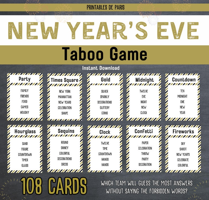 New Year's Eve Taboo Game, New Year's Party Game, New Year Forbidden ...