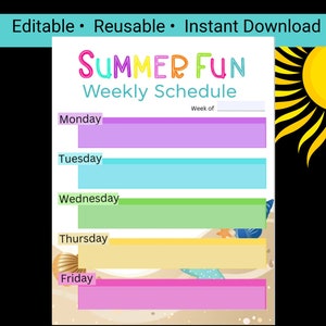 Editable Summer Weekly Daily Schedule for Kids, Printable Summer Kids ...