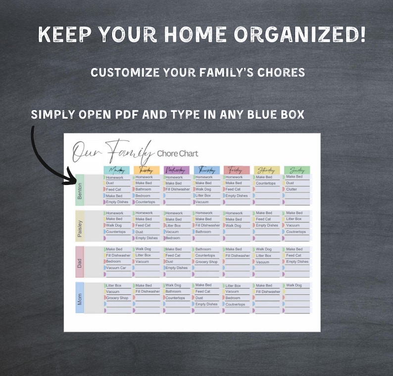 Editable Family Chore Chart, Printable Weekly Chore Chart, Family ...